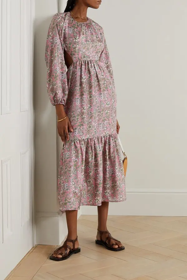 Hannah Artwear Carmen Open-back Tiered Floral-print Silk Midi Dress