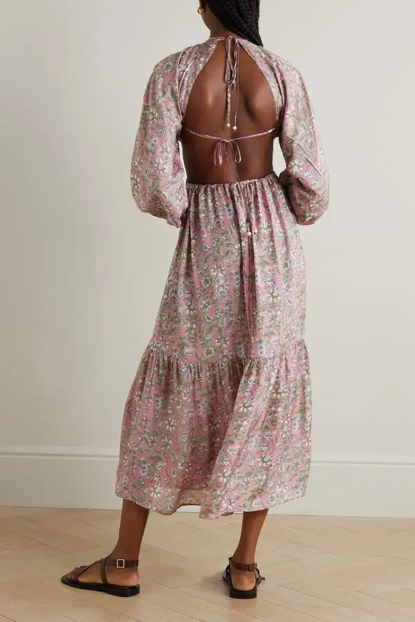 Hannah Artwear Carmen Open-back Tiered Floral-print Silk Midi Dress