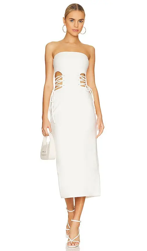 aleena satin midi dress Aleena Midi Dress - Square Neck Side Cut Out Satin Dress in Midnight Blue