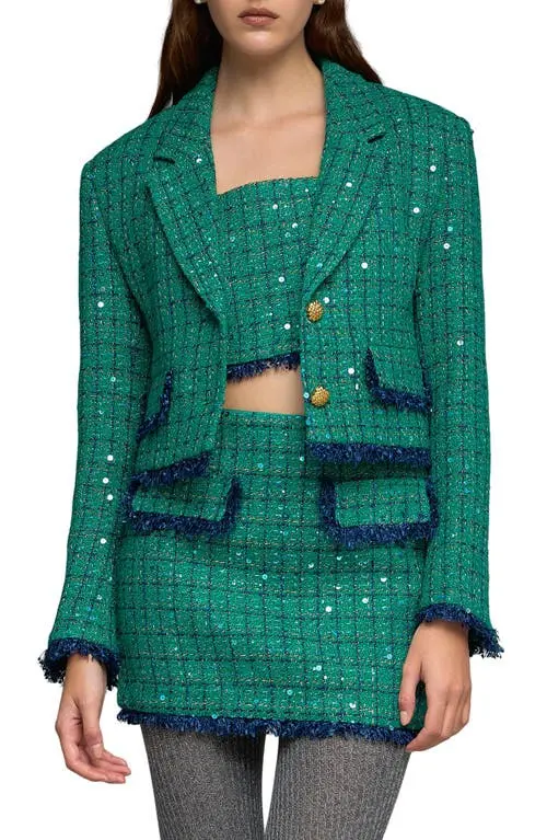 Endless Rose Sequin Tweed Crop Jacket With Fringe