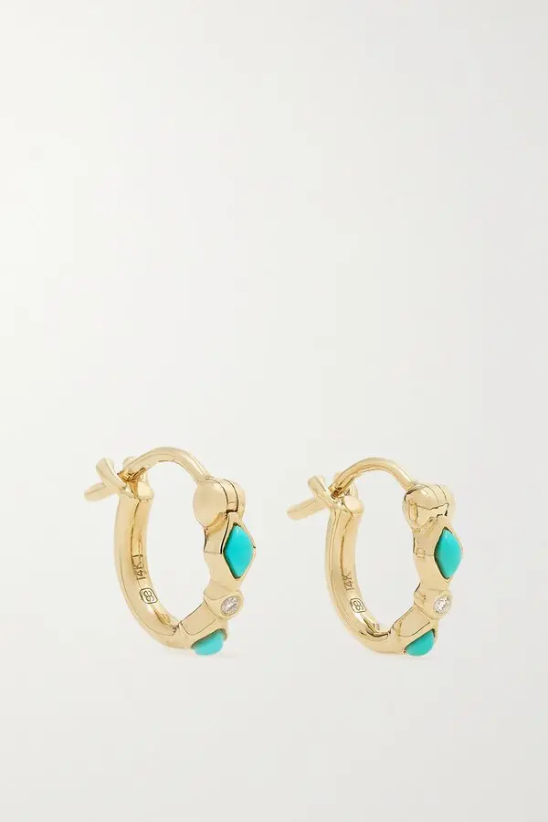 SYDNEY EVAN 14-karat Turquoise And Diamond Hoop Earrings - Gold