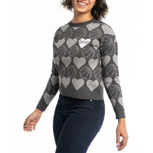 LUSSO Los Angeles Lakers Basketball Love Swarovski Crystal Intarsia Pullover Sweater - Charcoal