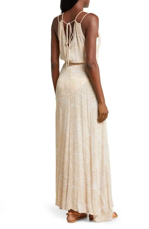 Elan Crinkle Gauze Cover-up Maxi Dress - Tan/white Tropics