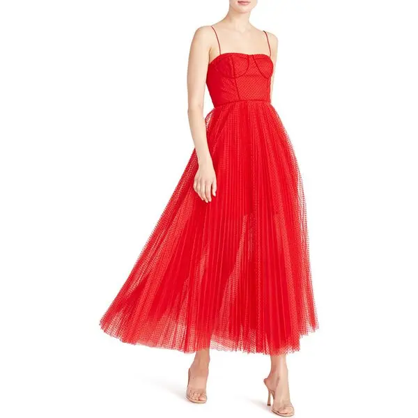 Monique Lhuillier Sleeveless Tulle Maxi Dress - Poppy Red