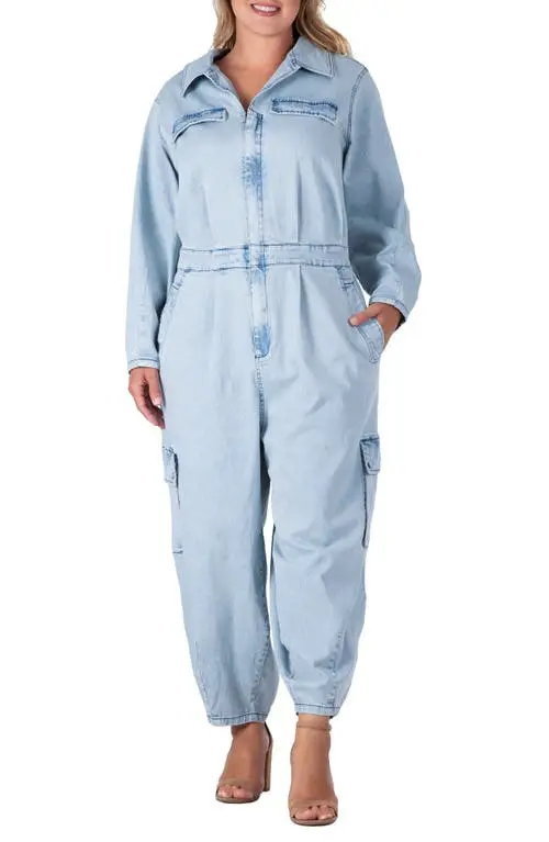 STANDARDS & PRACTICES Cargo Long Sleeve Denim Jumpsuit - Bleached Blue