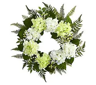 NEARLY NATURAL 24' Hydrangea Green And White Wreath Nearly Atural - One-color