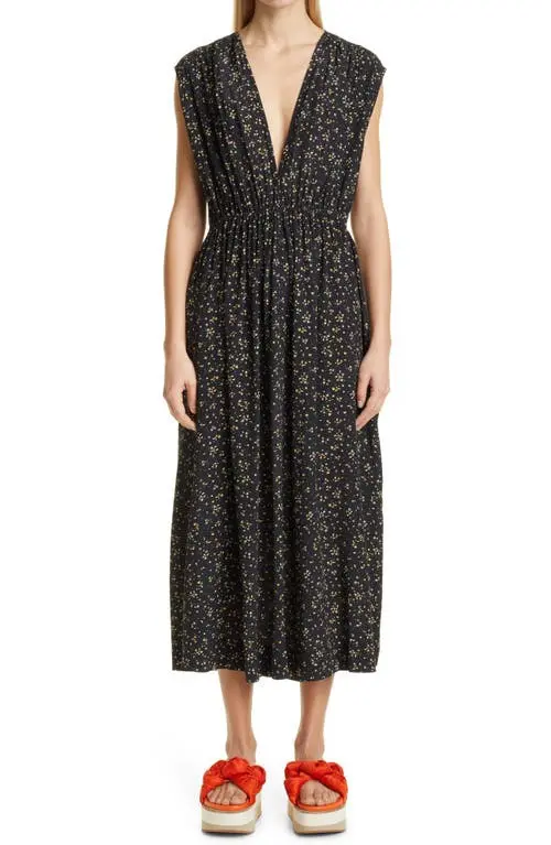 GANNI Ditsy Floral Plunge Neck Dress - Black