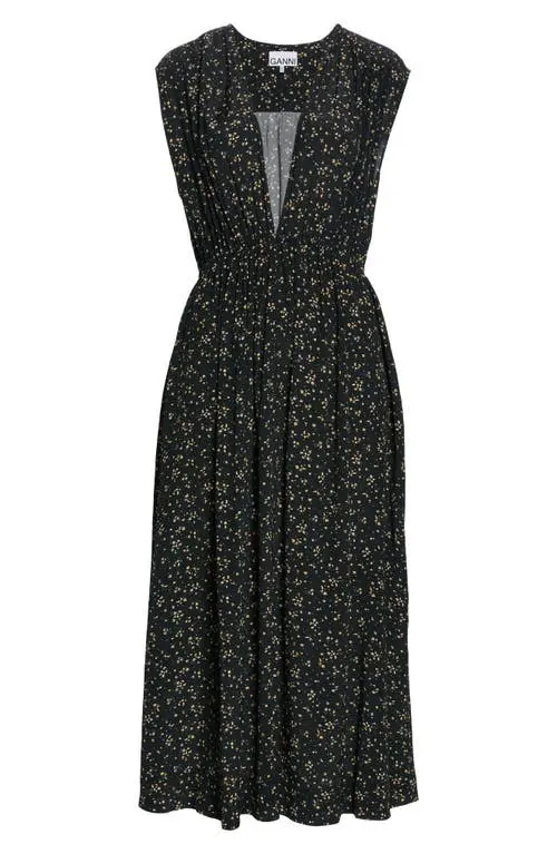 GANNI Ditsy Floral Plunge Neck Dress