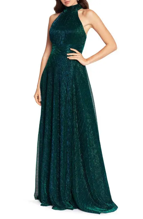 Betsy & Adam Metallic Halter Neck Gown - Jade