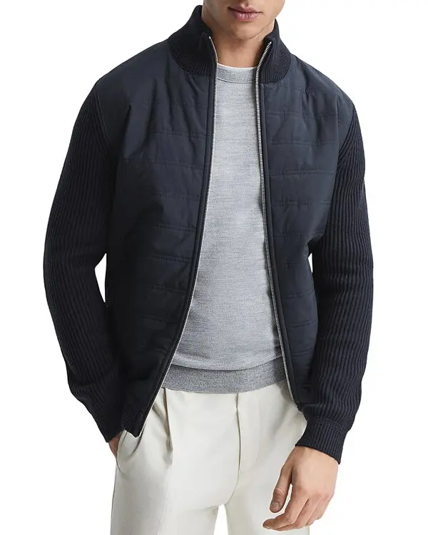 REISS Mixed Media Zip Jacket - Navy