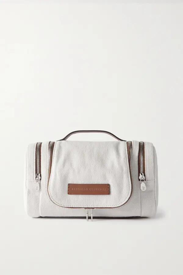 Brunello Cucinelli Leather-trimmed Cotton And Linen-blend Canvas Cosmetics Case - White