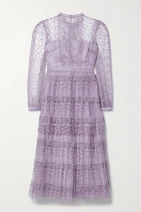 Self-Portrait Tiered Lace-Trimmed Embroidered Tulle Midi Dress In