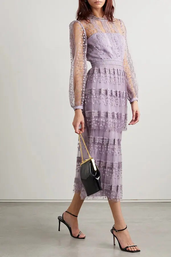 Self-Portrait Tiered Lace-Trimmed Embroidered Tulle Midi Dress In Purple -  35% Off | Editorialist