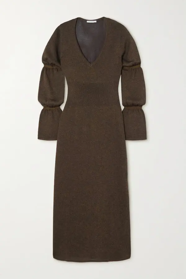 NINETY PERCENT Demi Metallic Ribbed-knit Midi Dress
