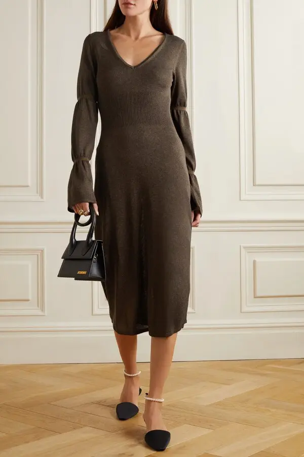 NINETY PERCENT Demi Metallic Ribbed-knit Midi Dress