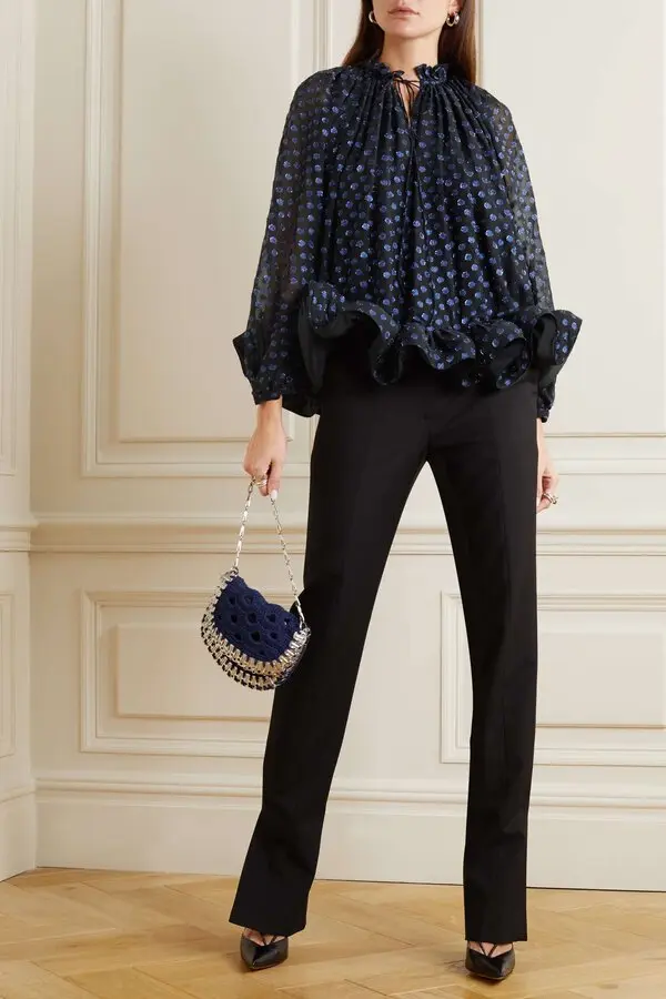 LANVIN Ruffled Metallic Fil Coupé Silk-blend Blouse - Navy