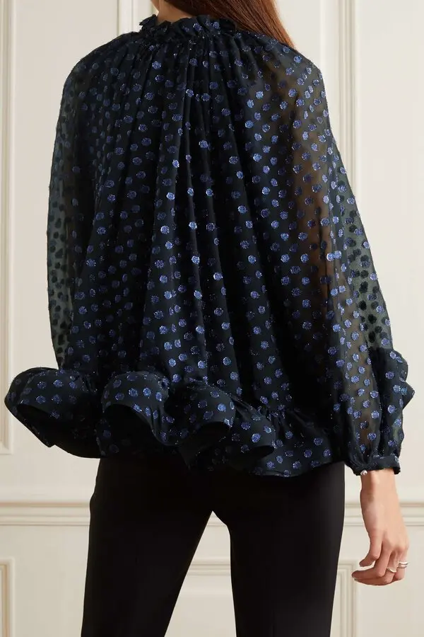 LANVIN Ruffled Metallic Fil Coupé Silk-blend Blouse - Navy