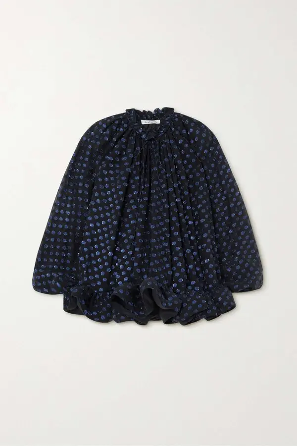 LANVIN Ruffled Metallic Fil Coupé Silk-blend Blouse - Navy
