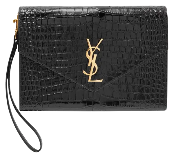 Saint Laurent Glossed Croc-effect Leather Clutch - Black