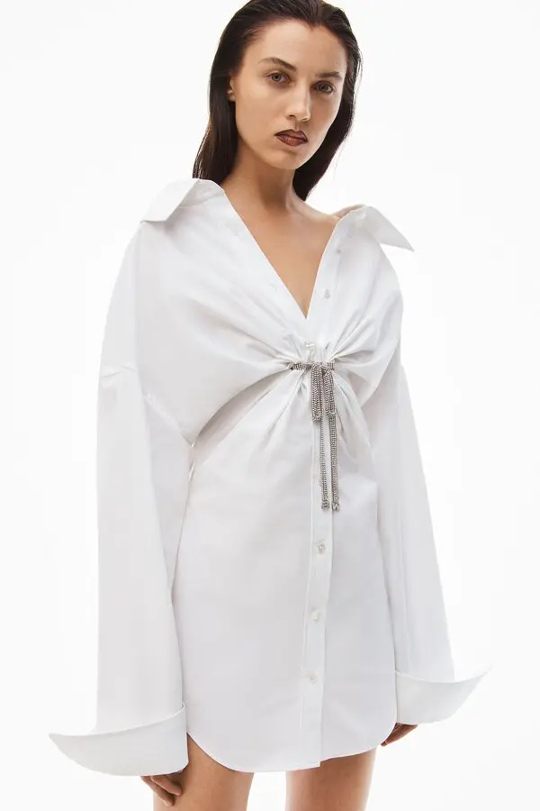 alexander wang falling twist shirt dress Alexander Wang Crystal Tie Twist Dress In Cotton Poplin - White
