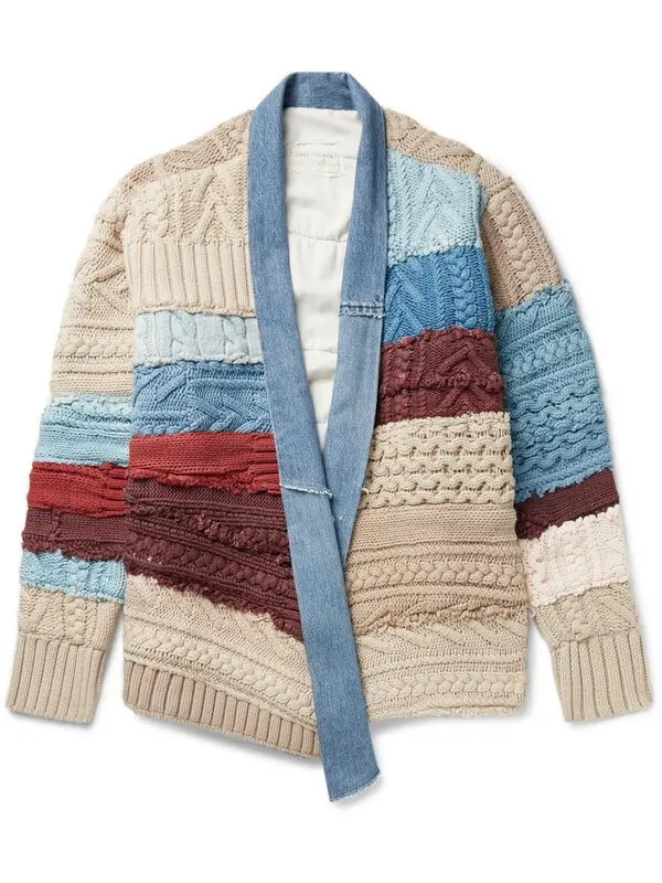 GREG LAUREN Shawl-collar Denim-trimmed Patchwork Cable-knit Cotton Cardigan