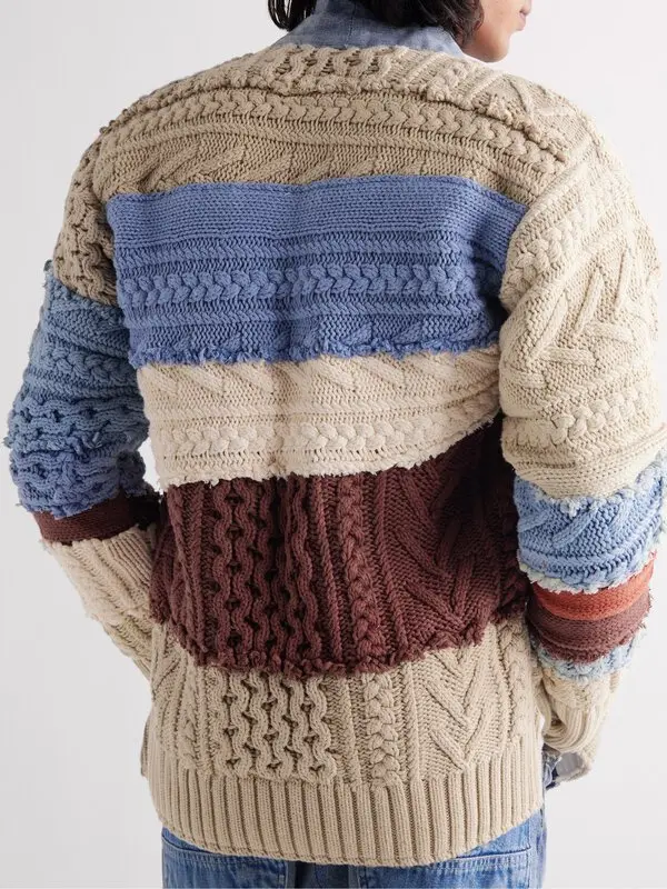 GREG LAUREN Shawl-collar Denim-trimmed Patchwork Cable-knit Cotton Cardigan