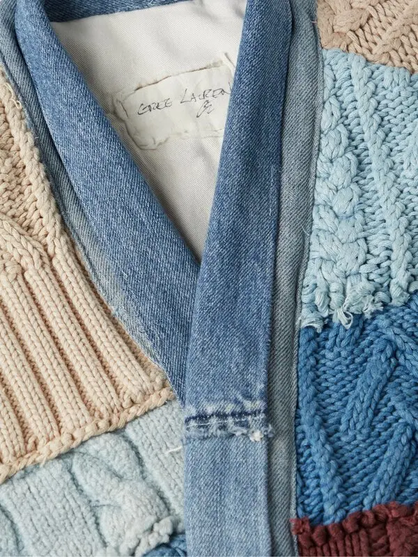 GREG LAUREN Shawl-collar Denim-trimmed Patchwork Cable-knit Cotton Cardigan