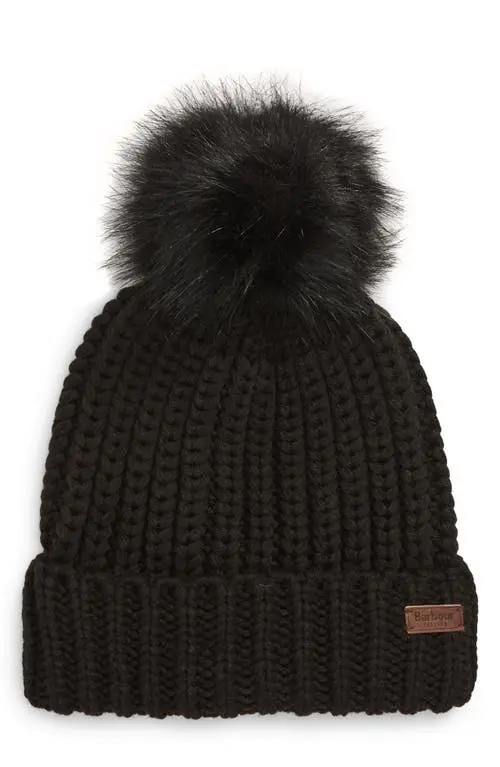 Barbour Saltburn Faux Fur Pom Beanie - Black