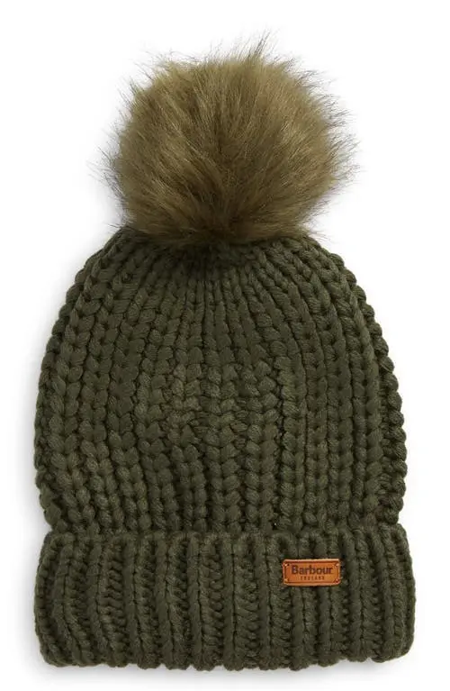 Barbour Saltburn Faux Fur Pom Beanie - Olive