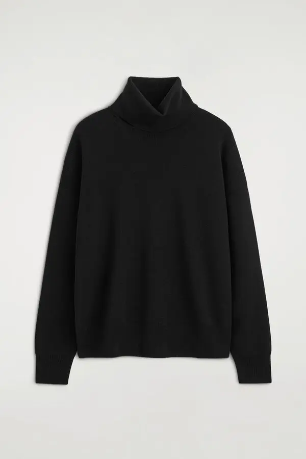 Cos Merino Wool Roll-neck Sweater With Ribbed Details - Black
