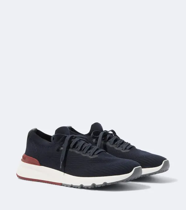 Brunello Cucinelli Knitted Leather-trimmed Sneakers - Blue