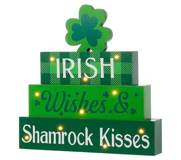 GLITZHOME Led Lighted St. Patricks Stack O' Blo Ks Table Decor