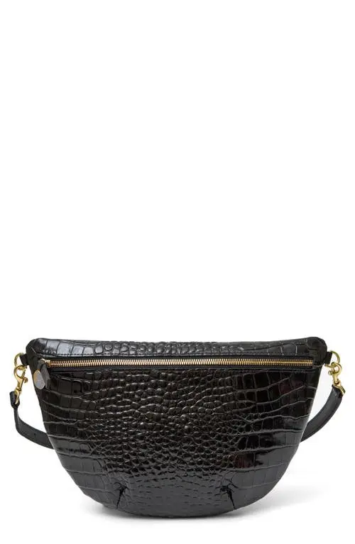 Clare V. Grande Woven Leather Belt Bag - Black Croc Embossed