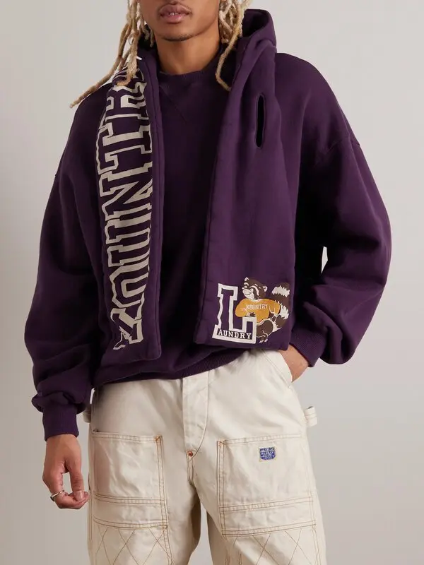 Kapital Scarf-Detail Logo-Print Cotton-Jersey Hoodie - Purple 