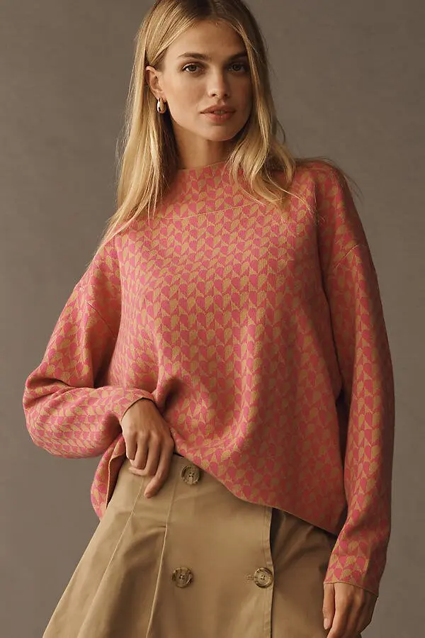 Maeve Carys Mock-neck Sweater - Pink Geo Heart