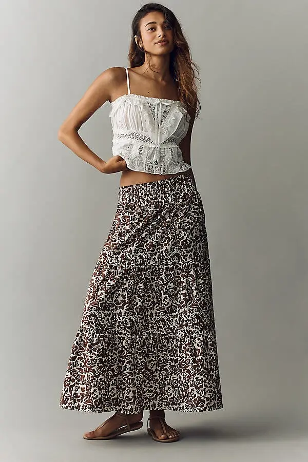 THE SOMERSET COLLECTION BY ANTHROPOLOGIE Tiered Maxi Skirt - Brown Floral