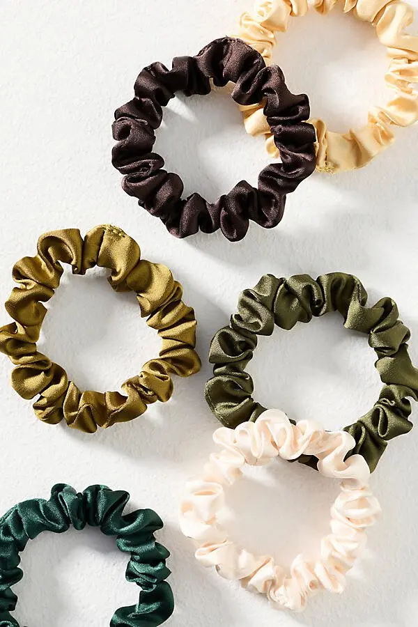 Anthropologie Satin Hair Ties Set Of 6 - Green Pattern