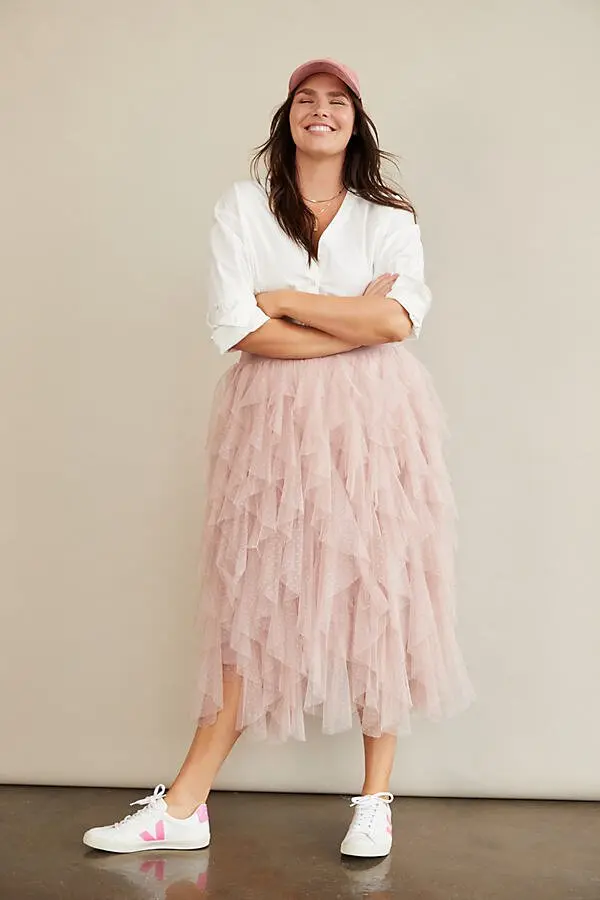Anthropologie Chéri Ruffled Tulle Midi Skirt - Ballet