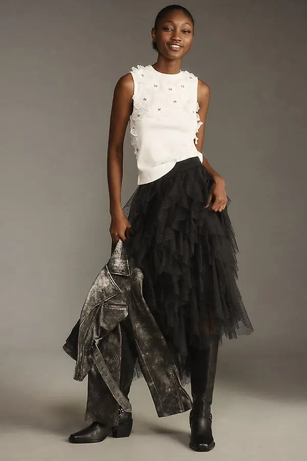 Anthropologie Chéri Ruffled Tulle Midi Skirt - Black