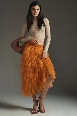 Anthropologie Chéri Ruffled Tulle Midi Skirt - Orange
