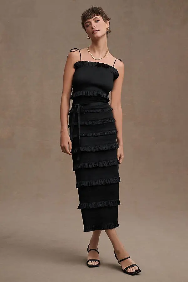 V. CHAPMAN Lily Ruched & Ruffled Stretch Satin Midi Dress - Black
