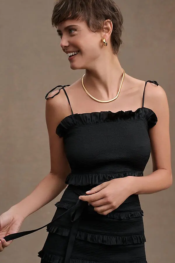 V. CHAPMAN Lily Ruched & Ruffled Stretch Satin Midi Dress - Black