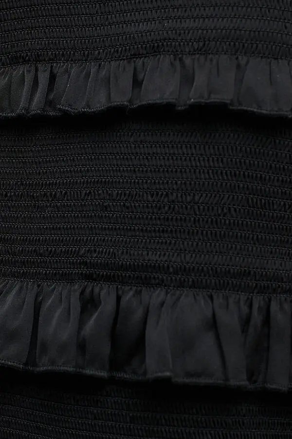 V. CHAPMAN Lily Ruched & Ruffled Stretch Satin Midi Dress - Black