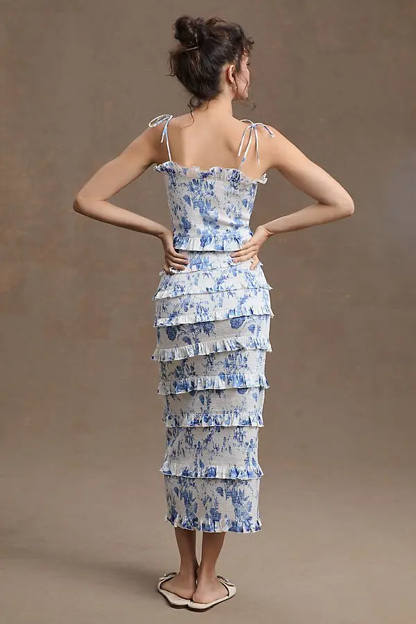 V. Chapman Lily Ruched & Ruffled Stretch Satin Midi Dress - Provencal Blue Floral