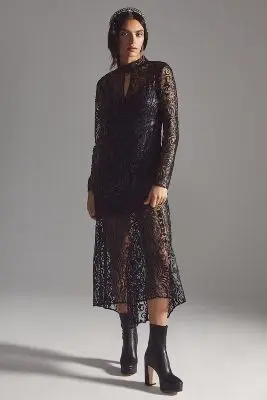 Anthropologie Sheer Laser-Cut Midi Dress In Black - 70% Off | Editorialist