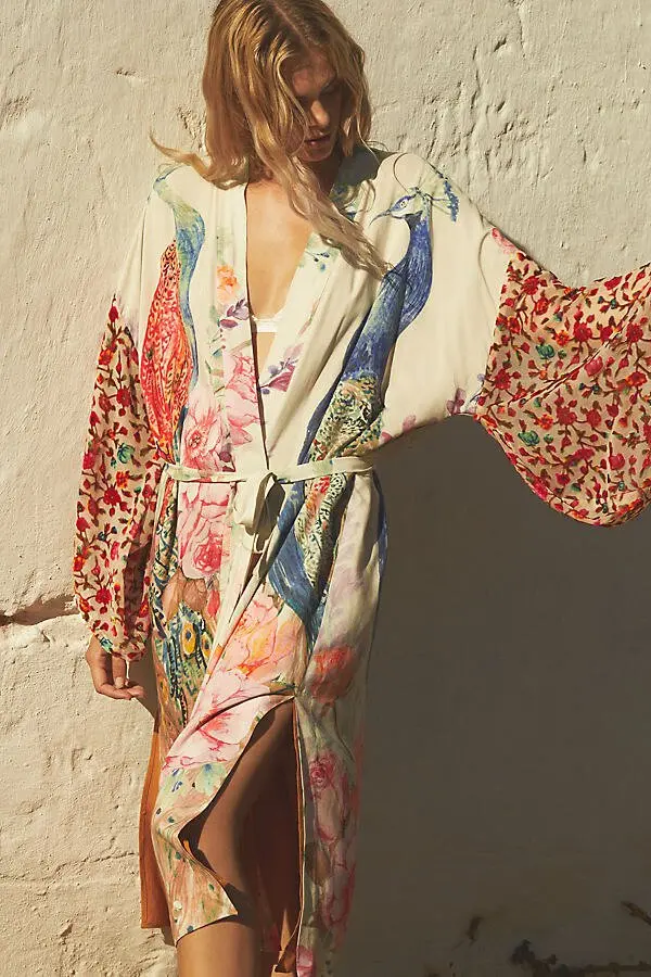 ARATTA Bird Long Prted Robe - Ivory Multi