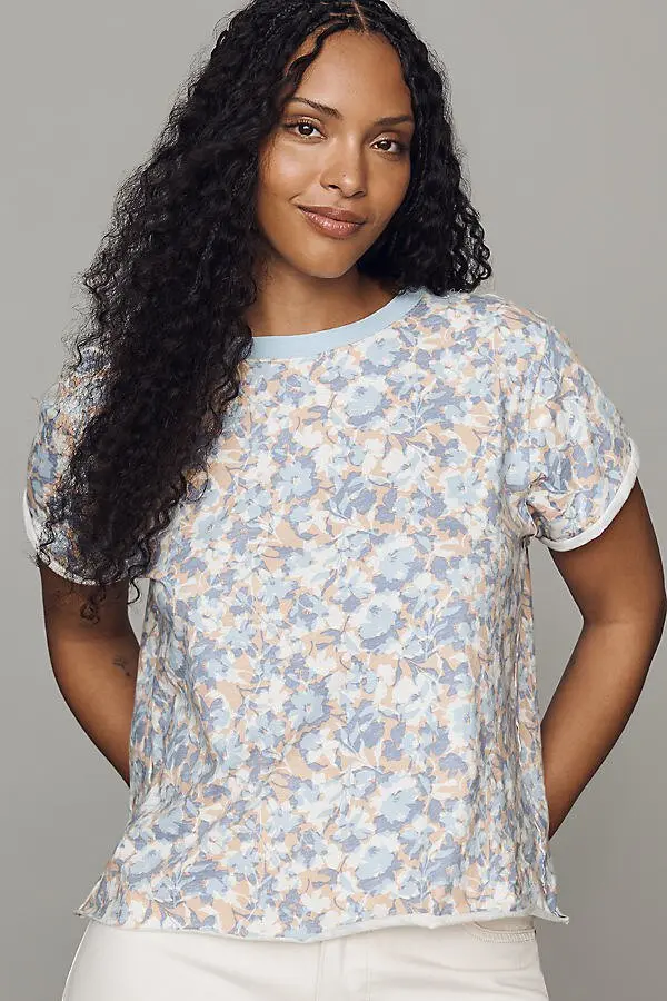 Maeve Seahorse Embroidered Cotton Boxy Tee - Blue Floral