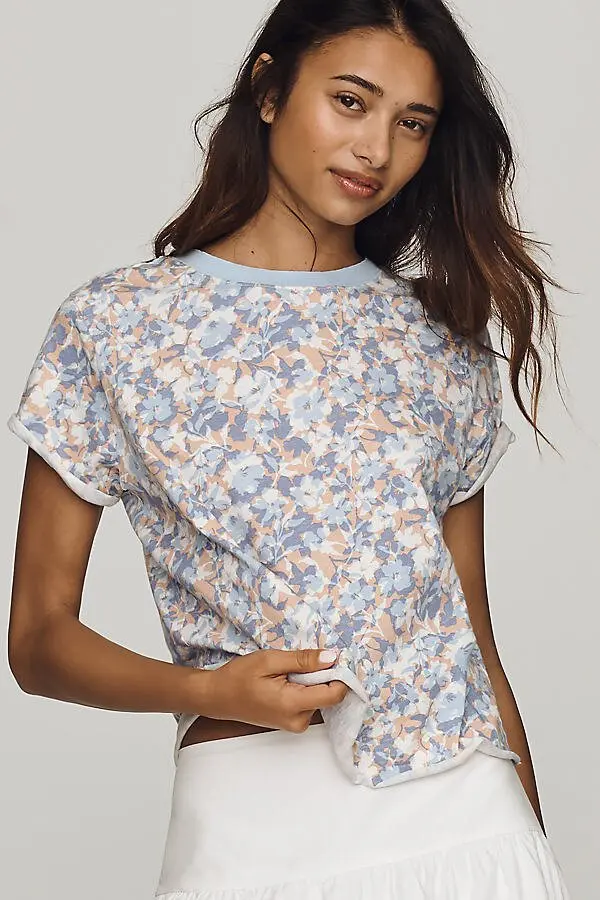 Maeve Seahorse Embroidered Cotton Boxy Tee - Blue Floral