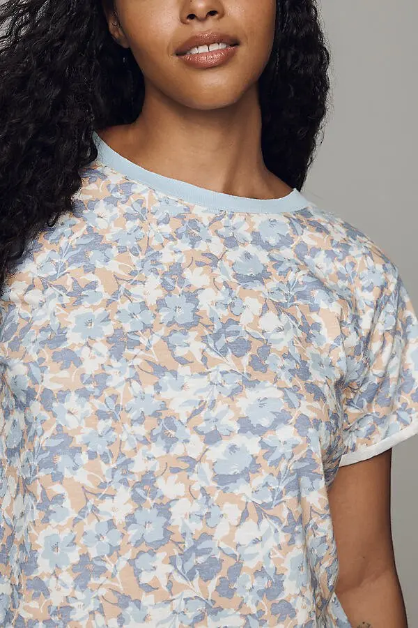 Maeve Seahorse Embroidered Cotton Boxy Tee - Blue Floral
