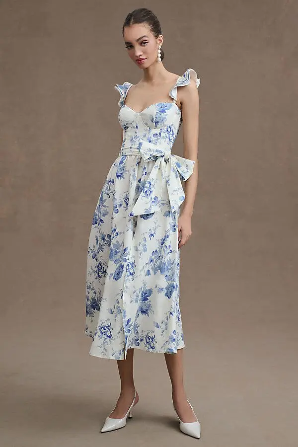 V. Chapman Vera Ruffle-strap Corset Midi Dress - Provencal Blue Floral